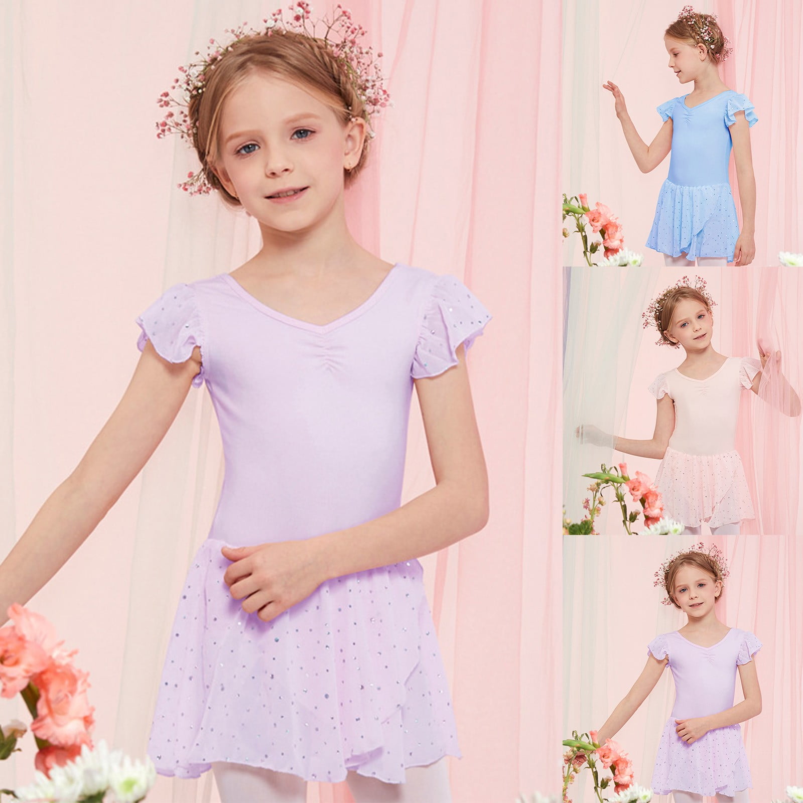 Dress for Girls Skirted Comfortable Soft Dance Practice Short Sleeve ...