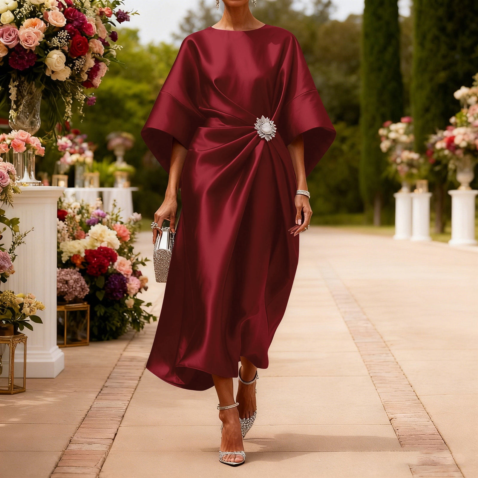 Dress for Women Batwing Sleeve Solid Color Satin Loose Fit Midi Dress ...