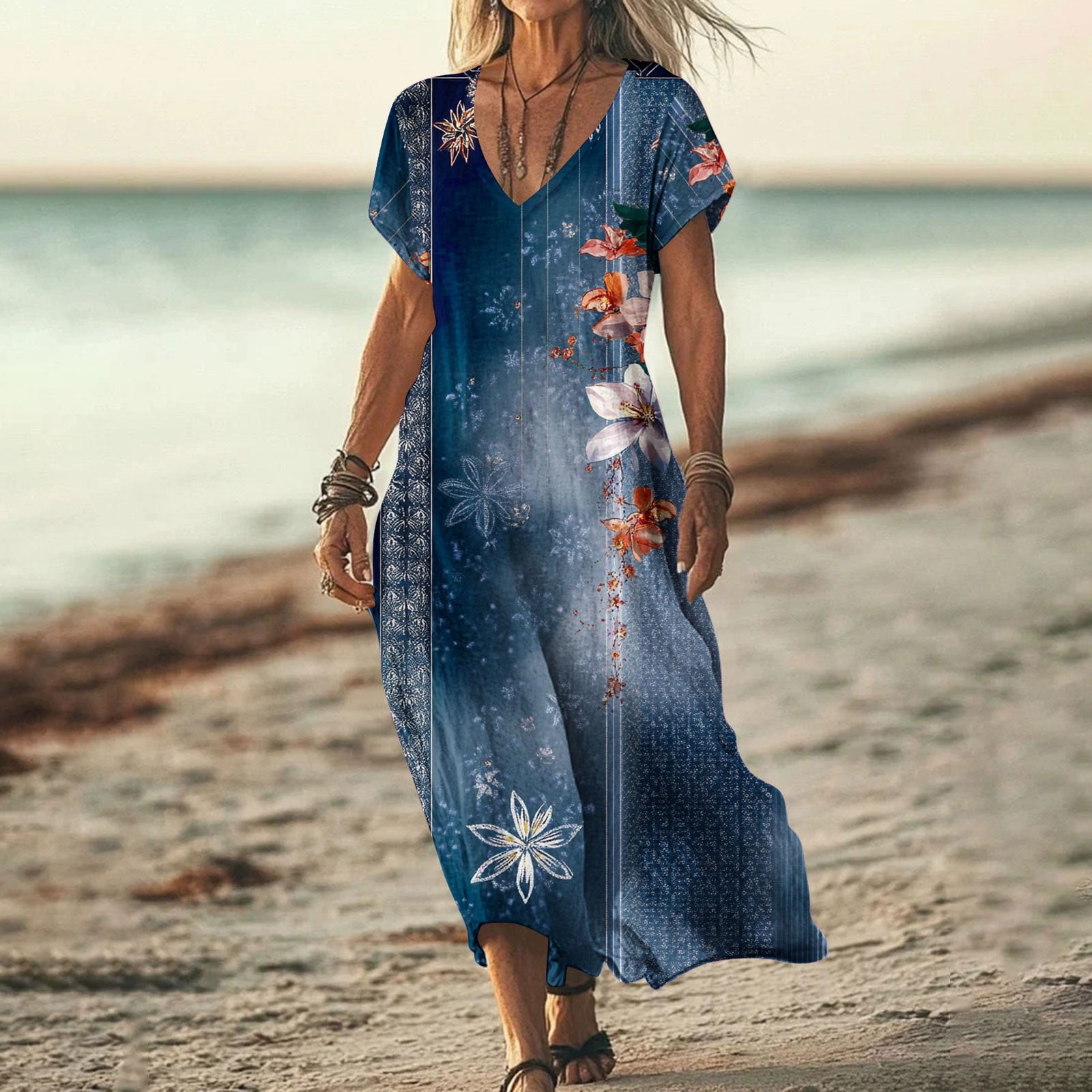 Dress for Women Casual Long Short Sleeve V Neck Printed Flowy Maxi ...