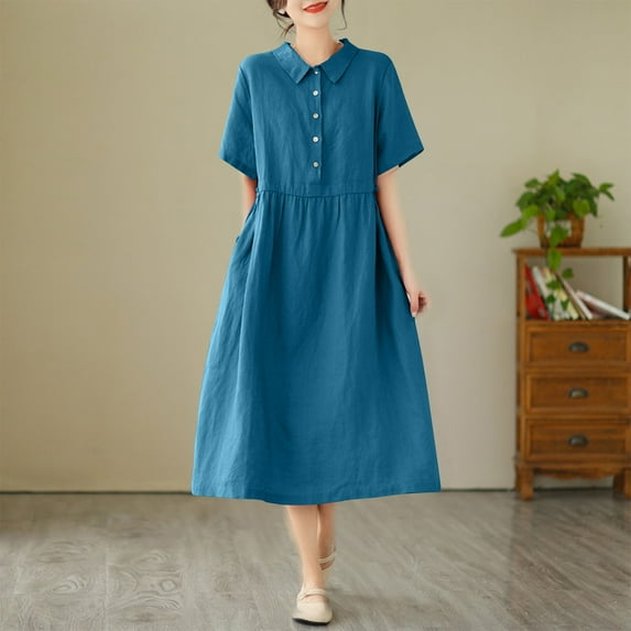 Dress for Women Cotton and Linen Solid Color Crew Neck Mid-Length Dress ...