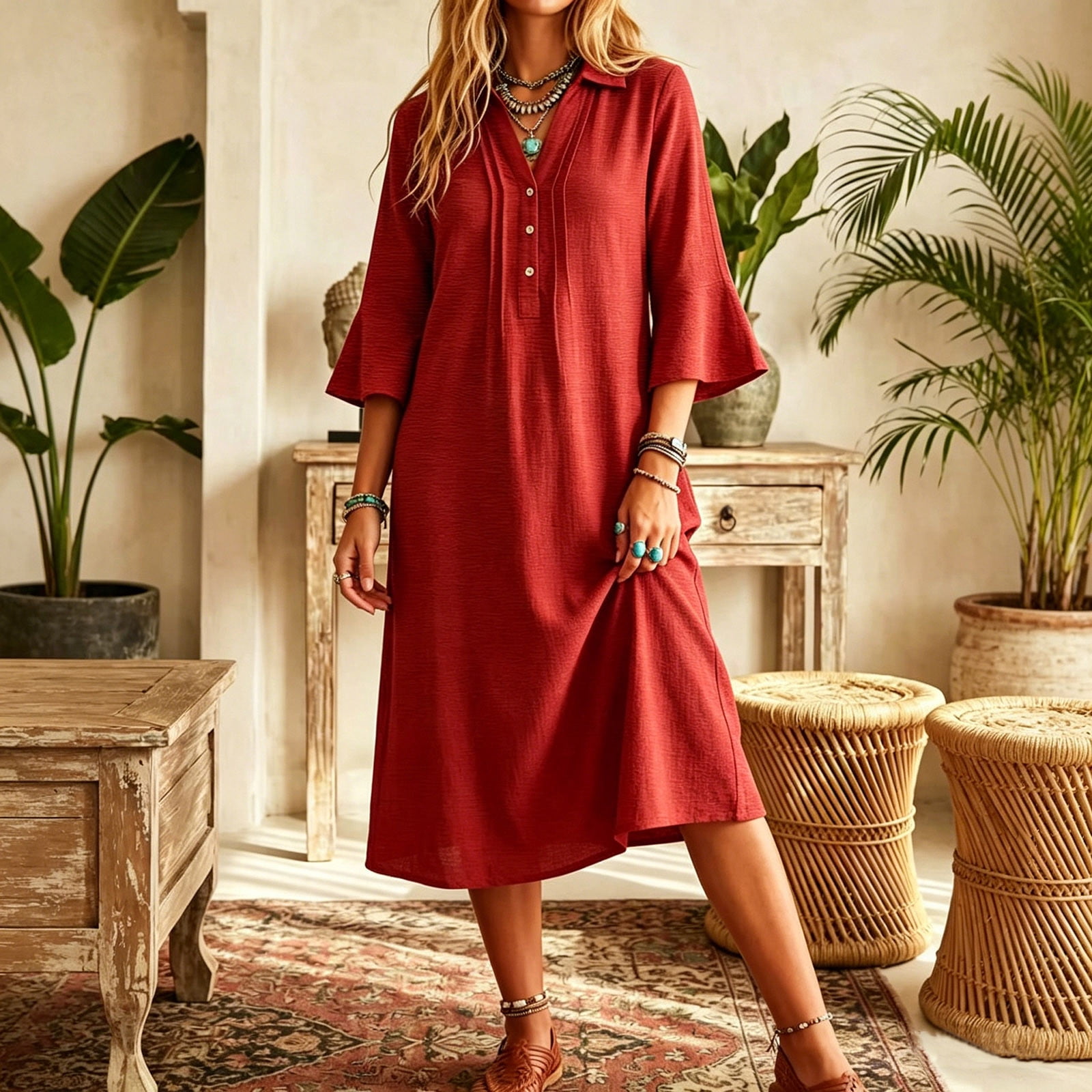 Dress for Women Ihhxva 3/4 Sleeve Length Solid Color Stretchable Loose ...