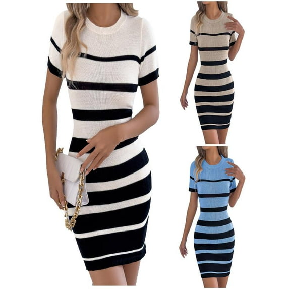 Dress for Women's Short Sleeve Color Block Knit Bodycon Fitted Pencil ...