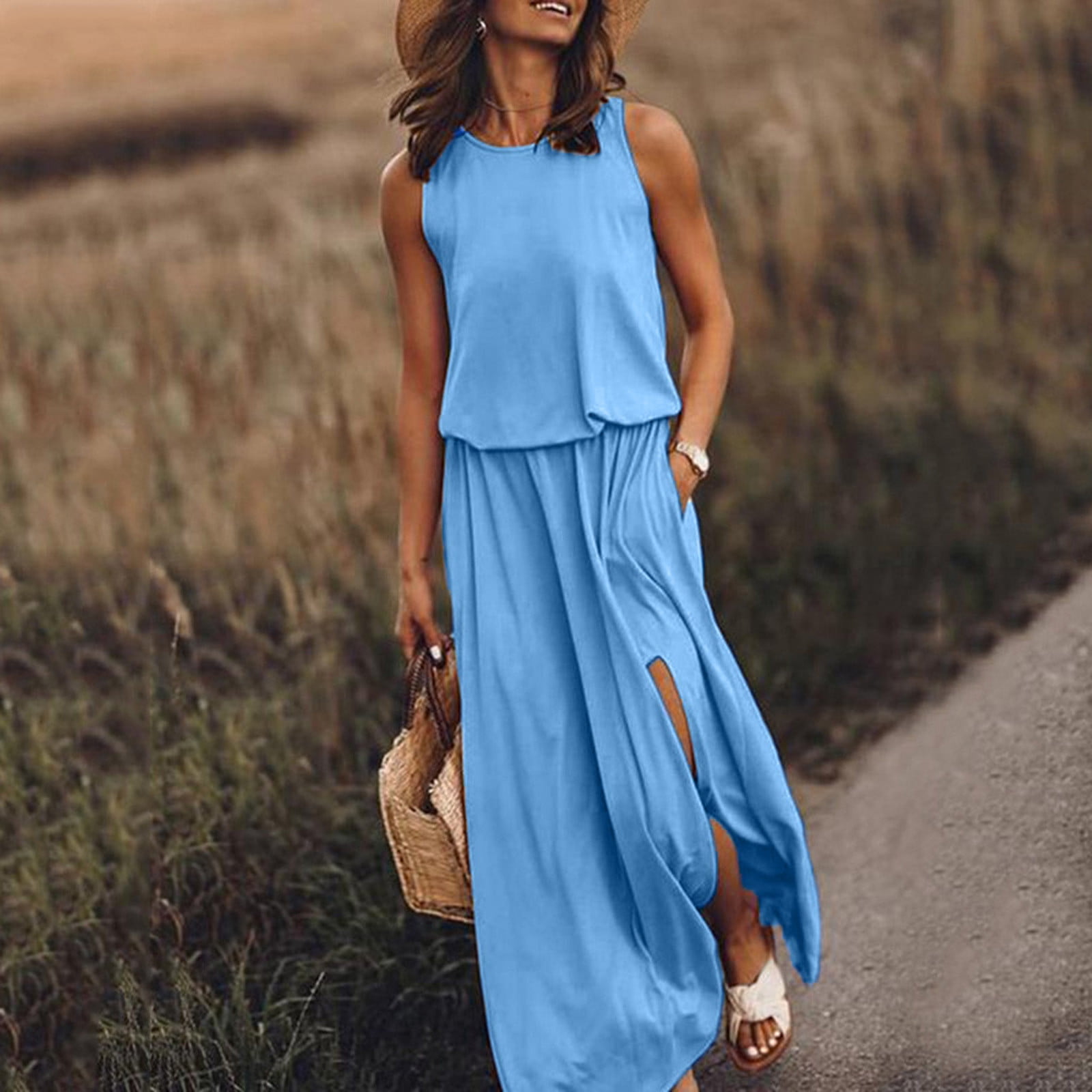 Dress in Season Dresses for Women Summer Casual Sleeveless O-Neck Solid ...