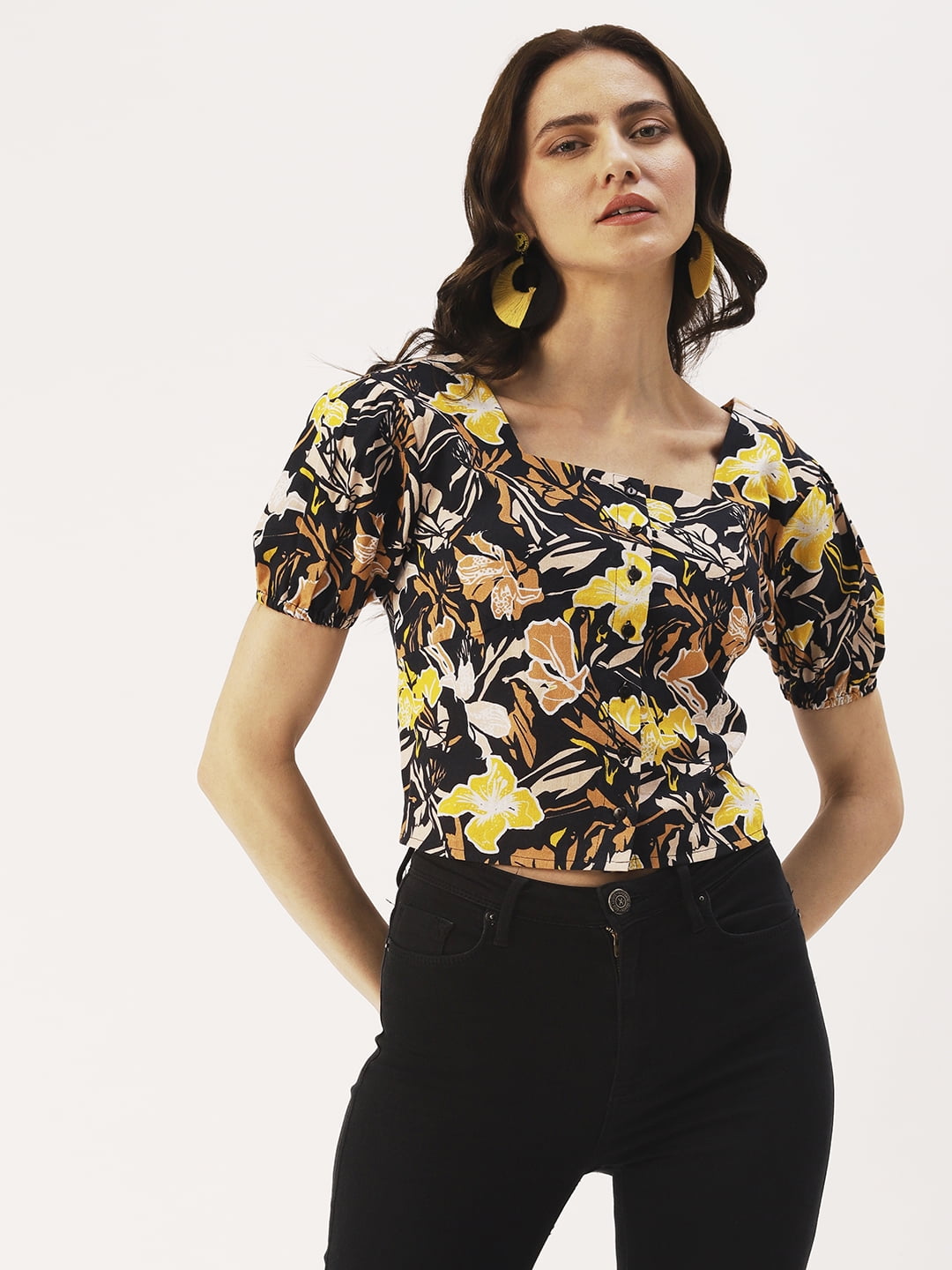 DressBerry Women’s Printed Cotton Flex Square Neck Top Front Buttoned ...