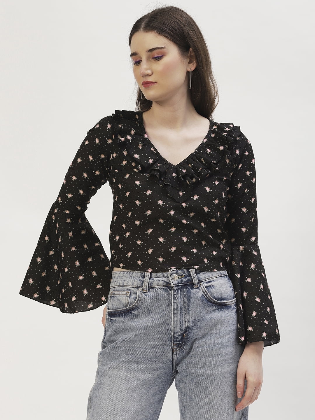 DressBerry Women's Printed Viscose Rayon V Neck Long Flared Sleeves ...