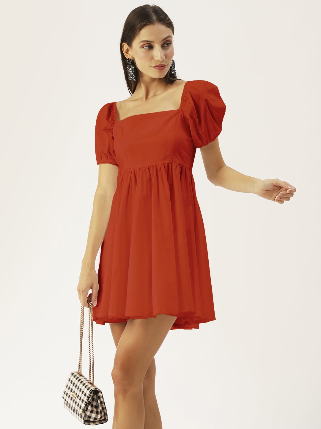 DressBerry Women's Solid Cotton Pleated Flared Mini Dress Short Puffed ...