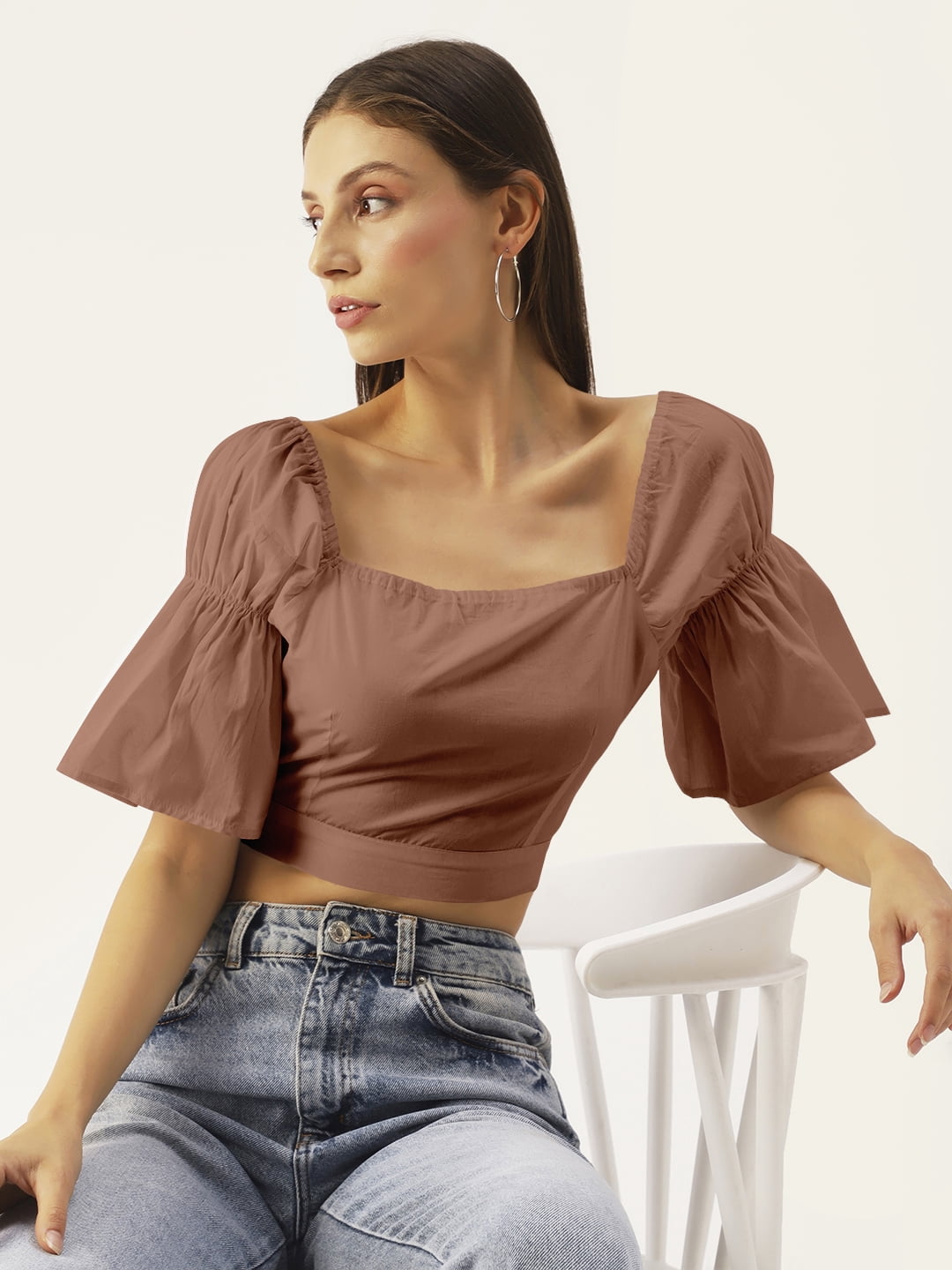 DressBerry Women's Solid Cotton Semi Puffed Ruffled Elbow Sleeves ...