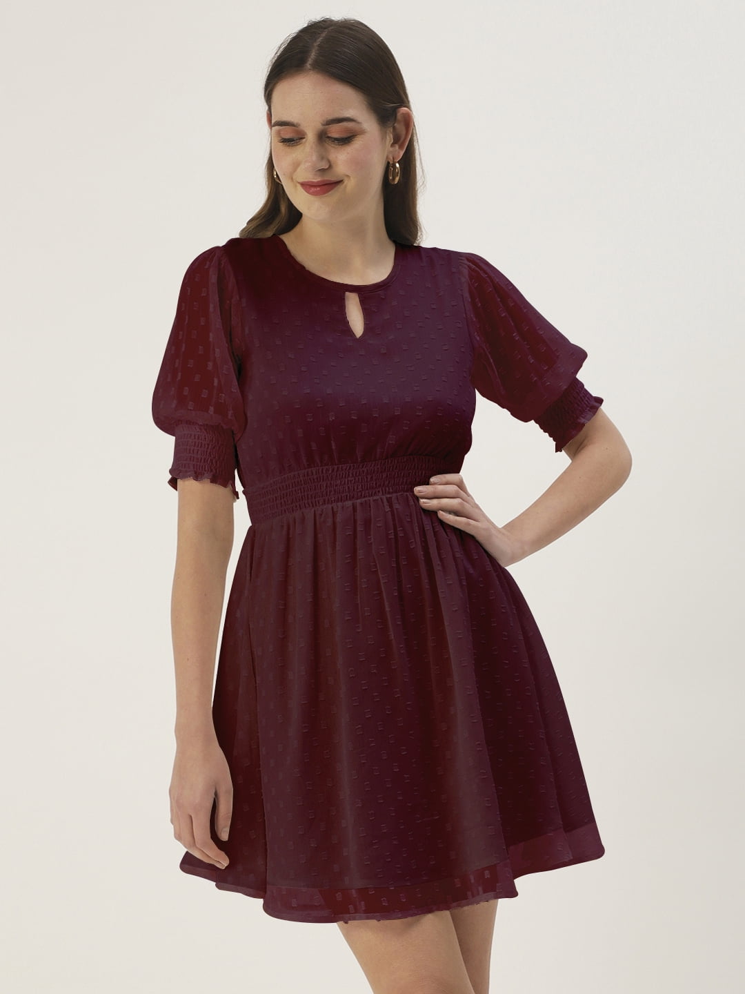 DressBerry Women’s Solid Georgette Round Neck Puffed Elbow Sleeves Knee ...