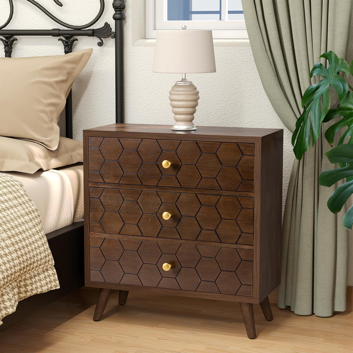 Dresser with 3 Drawers, Mid Century Chest of Drawers with Chessboard ...