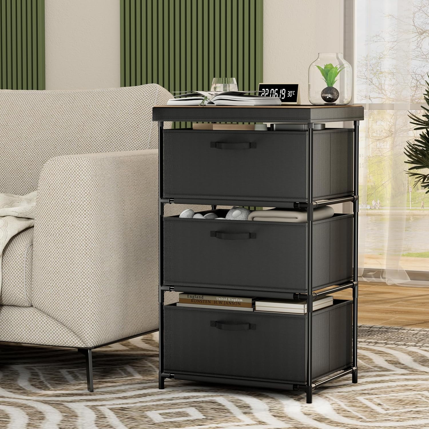 Dresser with 3 Fabric Drawer Solid Wood TV Stand Desktop Sturdy Metal ...