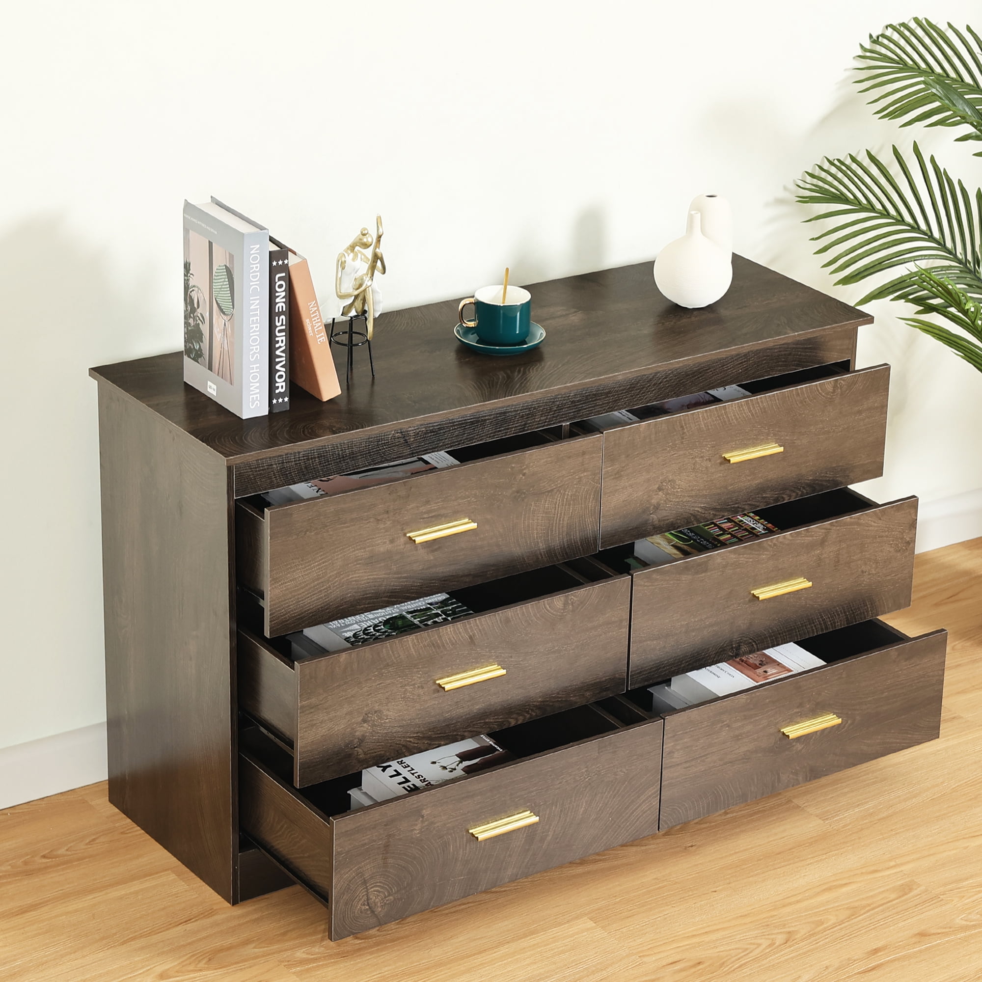 Dresser 6 Drawer with Gold Metal Handles, Storage Organizer Units ...