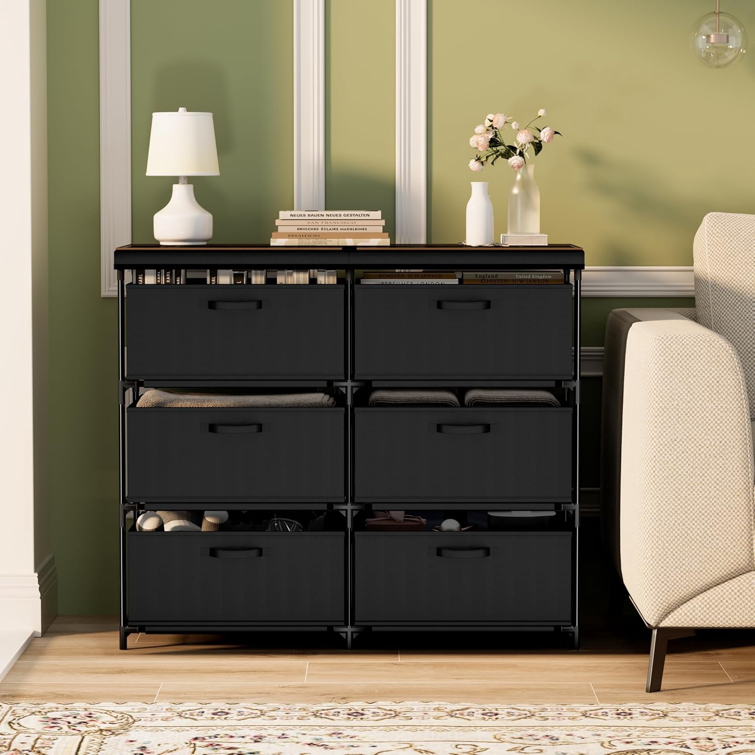 Dresser with 6 Fabric Drawer Solid Wood TV Stand Desktop Sturdy Metal ...