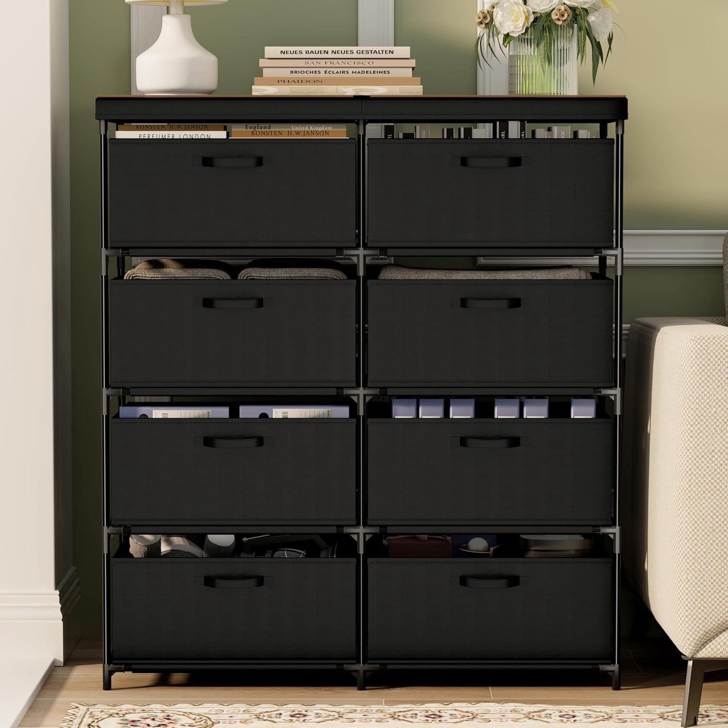 Dresser with 8 Fabric Drawer Solid Wood TV Stand Desktop Sturdy Metal ...