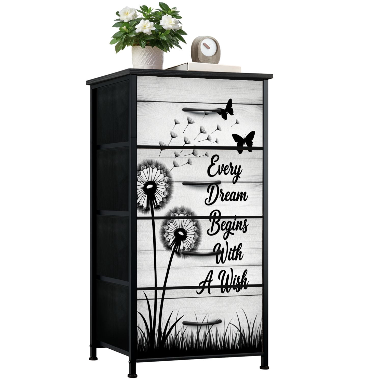 Dresser for Bedroom with 4 Storage Drawers Black White Floral Rustic ...