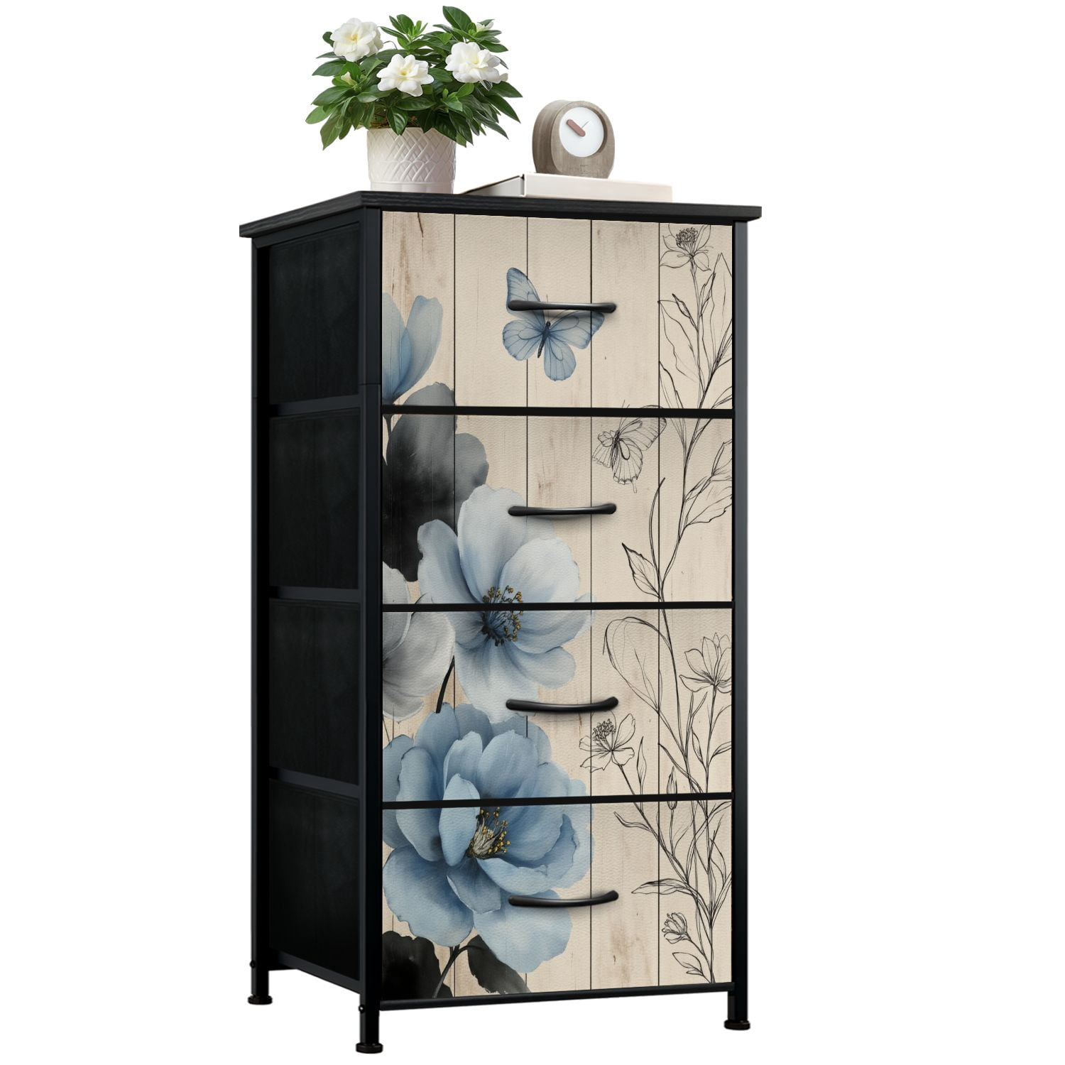 Dresser for Bedroom with 4 Storage Drawers Blue Floral Butterflies ...