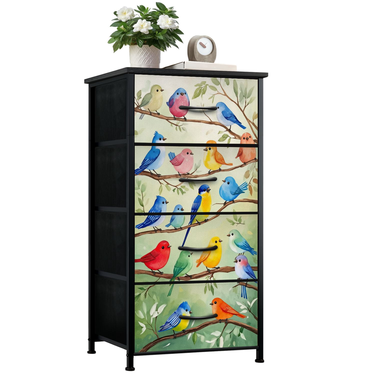 Dresser for Bedroom with 4 Storage Drawers Colorful Birds Branches Soft ...