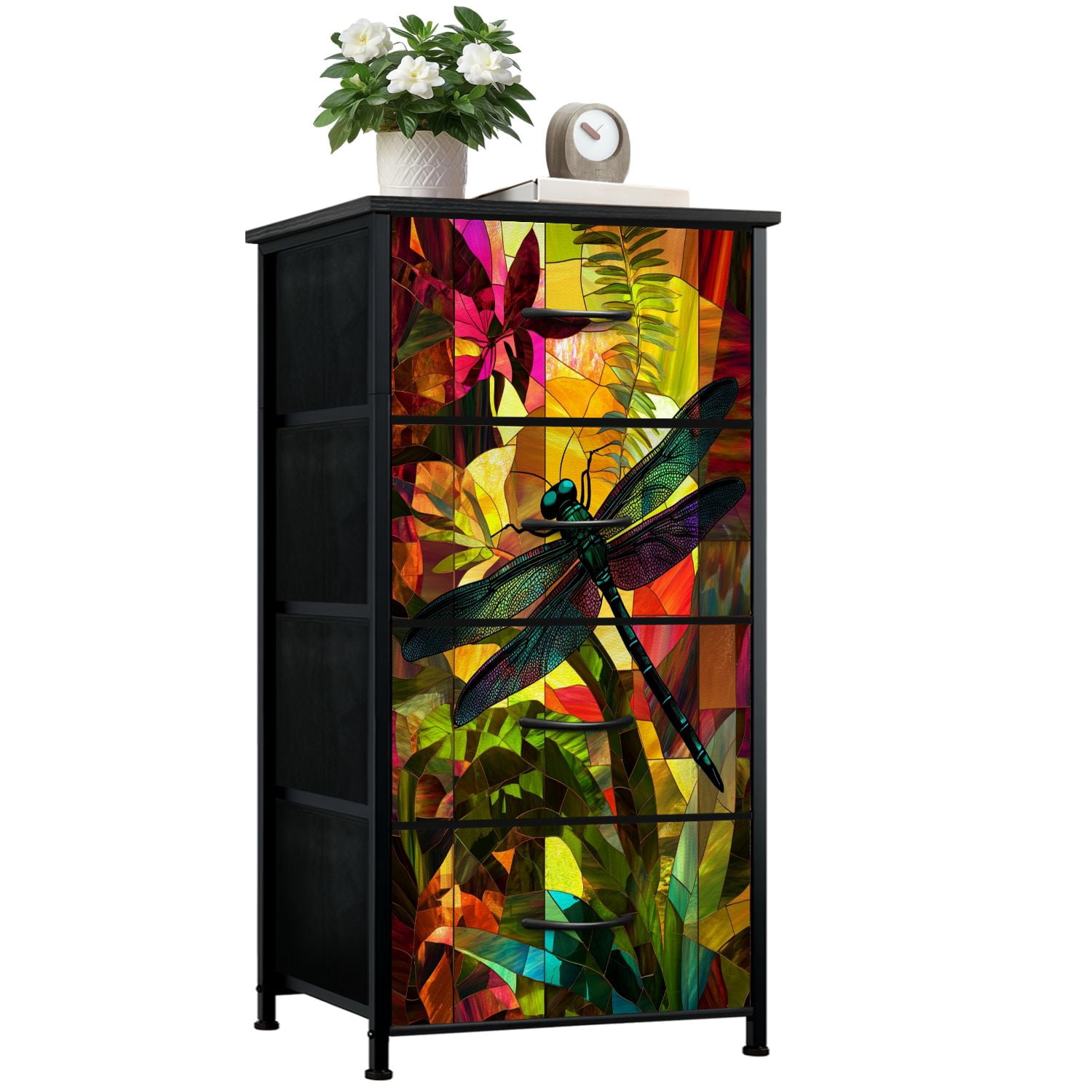 Dresser for Bedroom with 4 Storage Drawers Exotic Plants Dragonfly ...