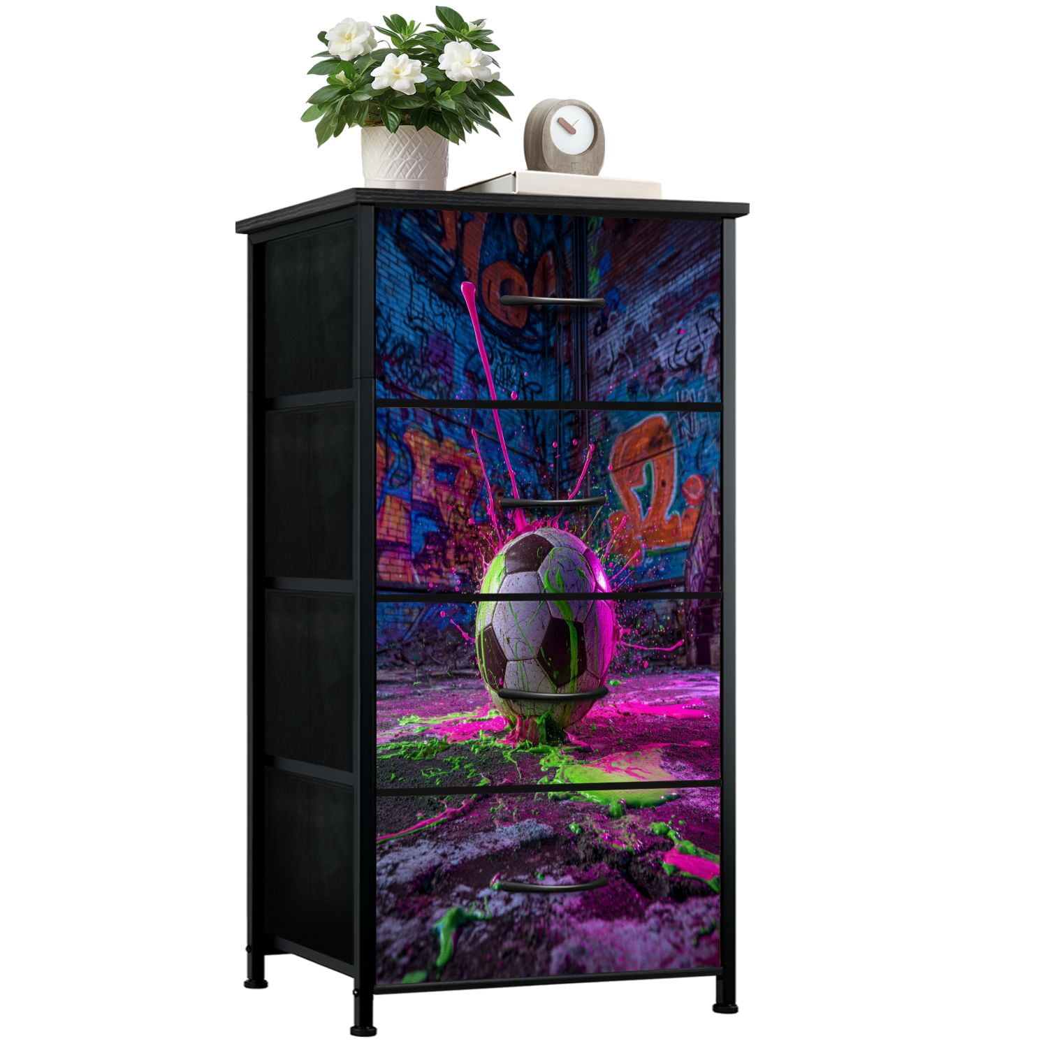 Dresser for Bedroom with 4 Storage Drawers Graffiti Soccer Ball Neon ...