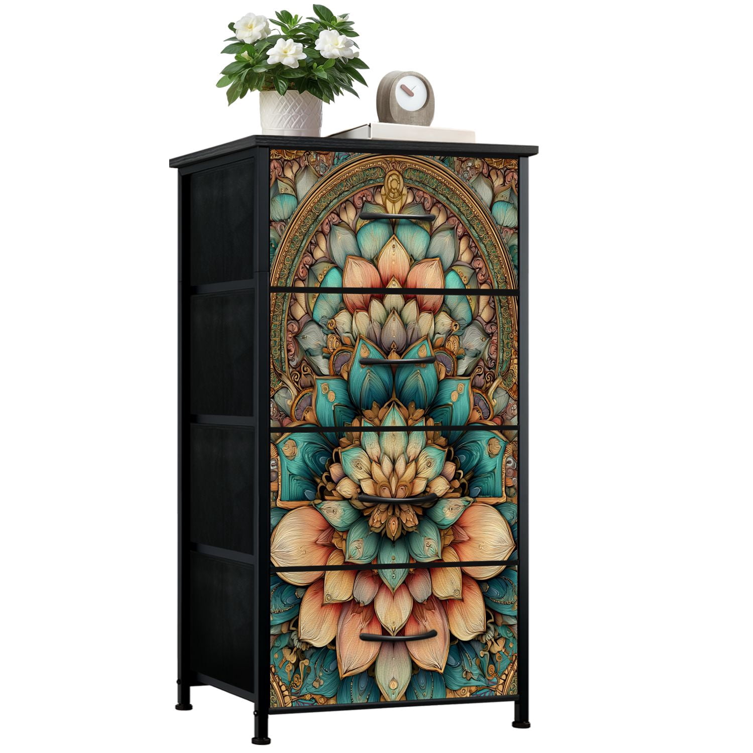 Dresser for Bedroom with 4 Storage Drawers Intricate Sunflower Stained ...