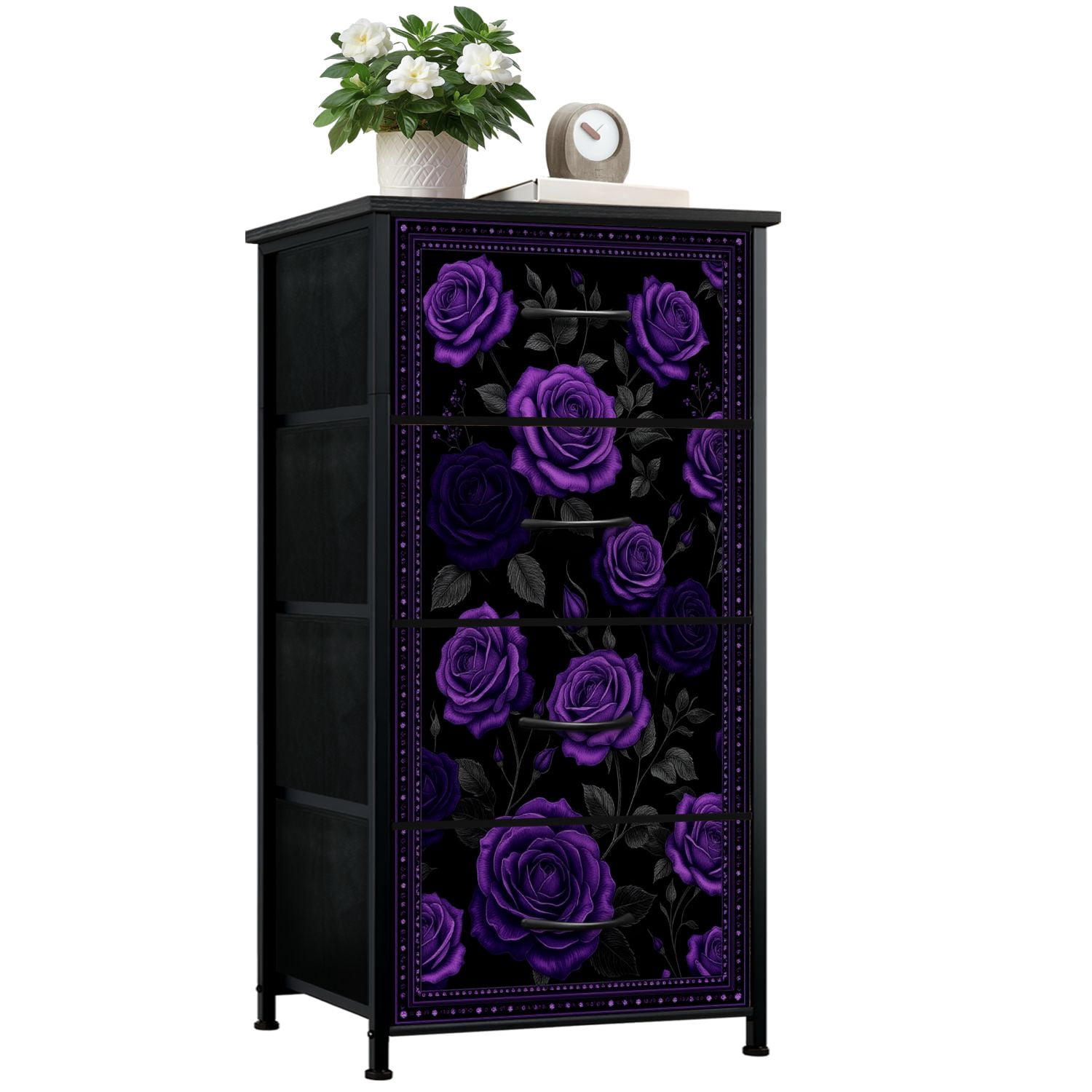 Dresser for Bedroom with 4 Storage Drawers Purple Roses Floral Black ...