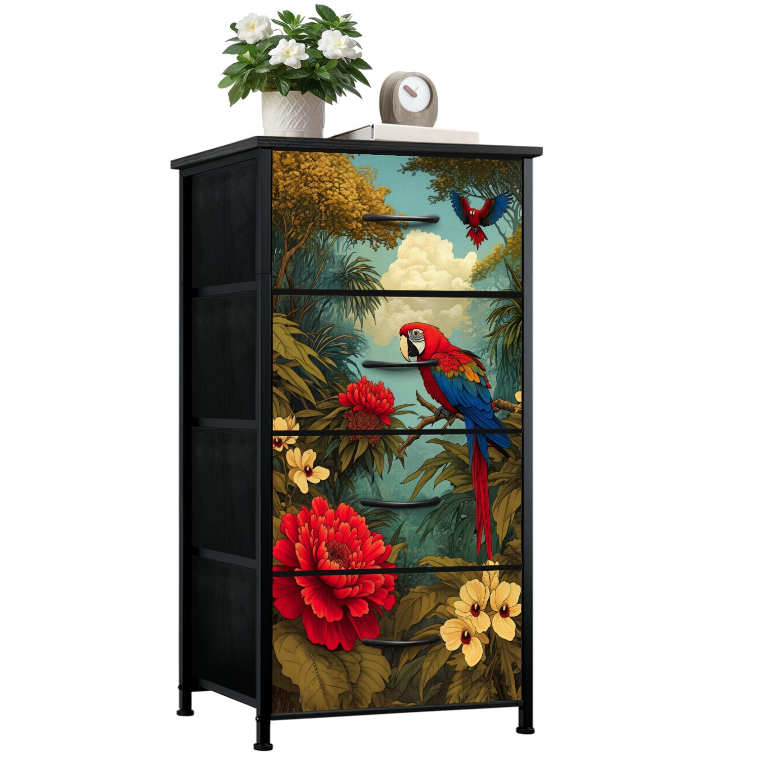 Dresser for Bedroom with 4 Storage Drawers Vibrant Tropical Parrots ...