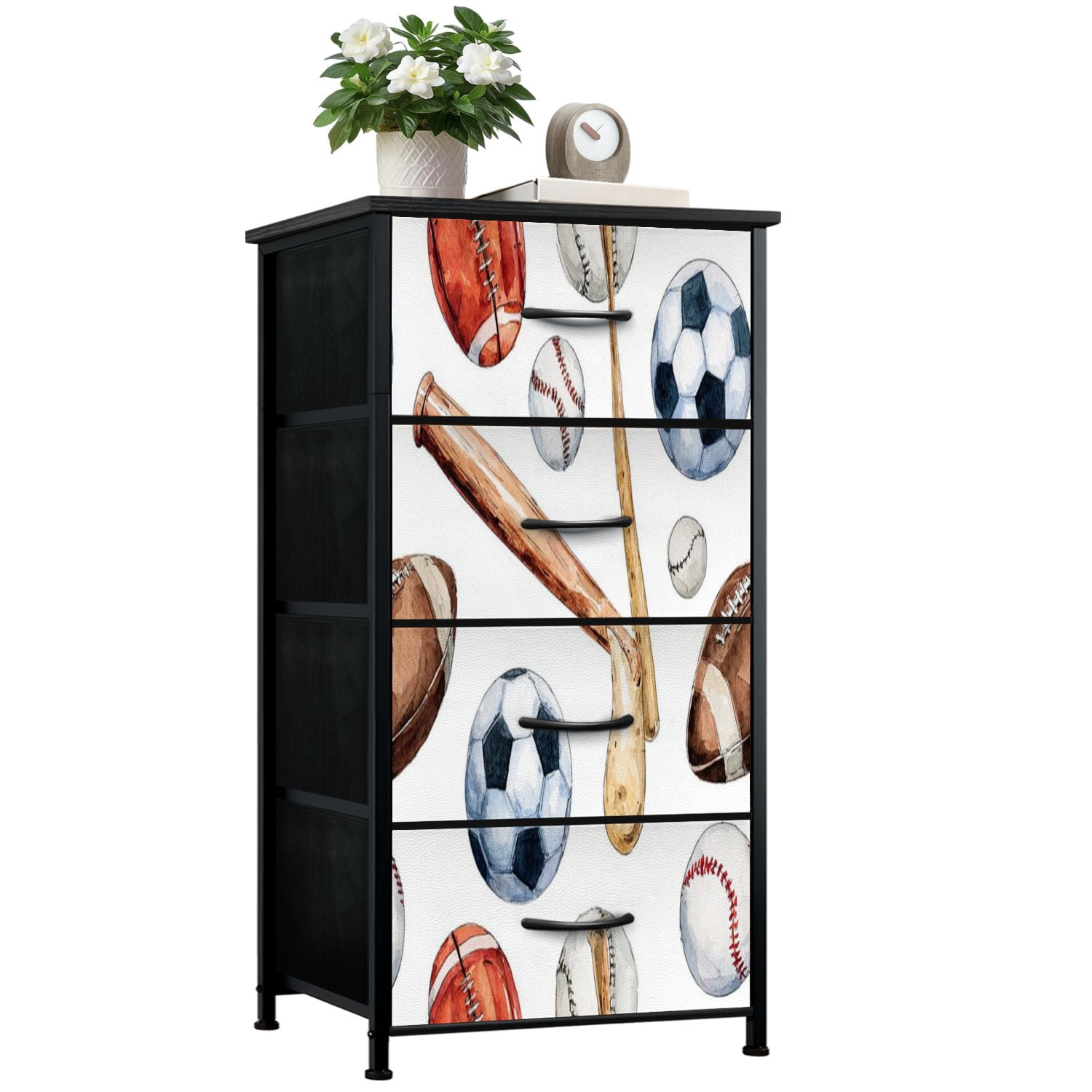 Dresser for Bedroom with 4 Storage Drawers Watercolor Sports Balls Bat ...