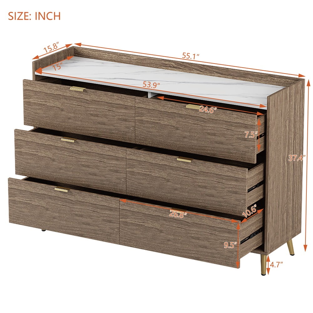 Dresser for Bedroom，55" Long 6 Drawer Dresser with Marbling Worktop ...