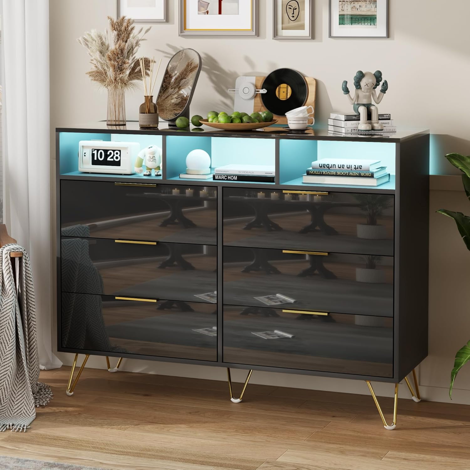 Dresser for Bedroom, 6 Drawer Dresser with Led Lights, Modern Black ...