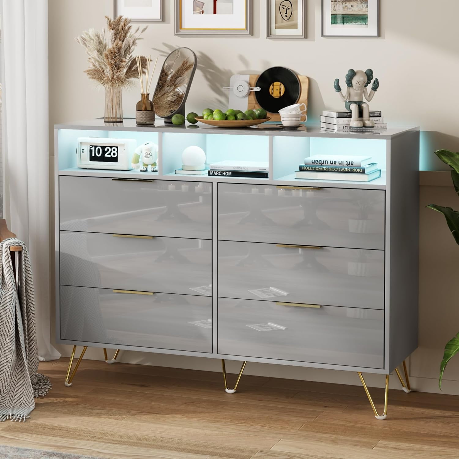 Dresser for Bedroom 6 Drawer Dresser with Led Lights Modern White ...