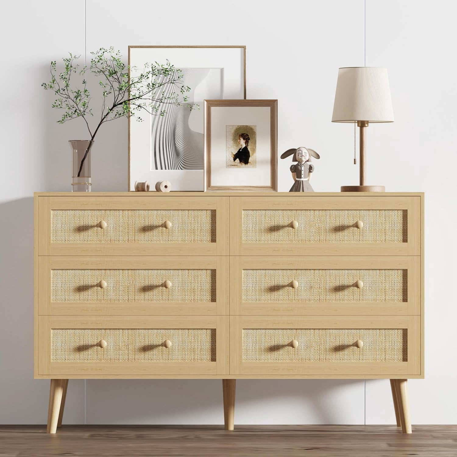 Dresser for Bedroom with 6 Drawer, Natural Rattan Chest of Dressers ...