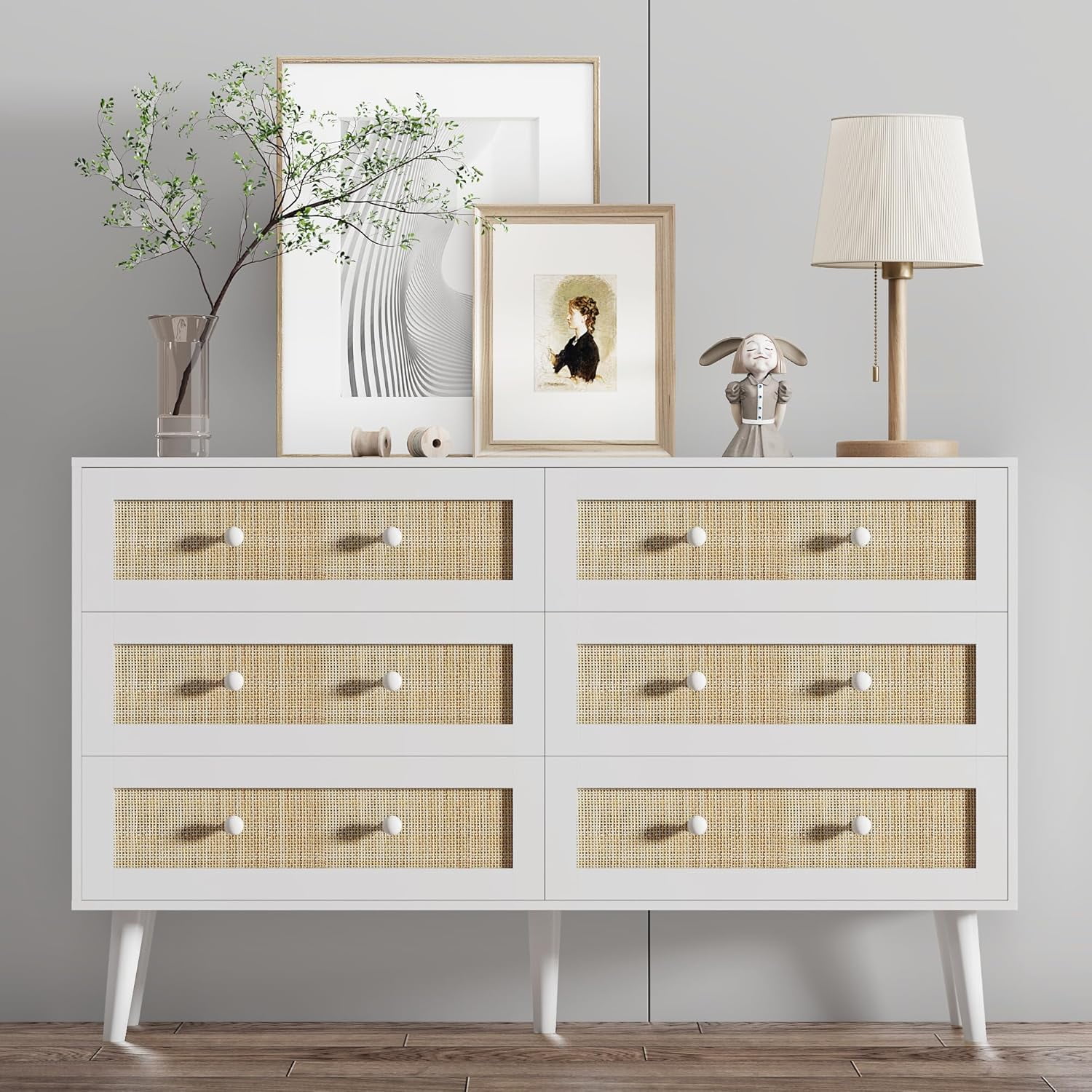 Dresser for Bedroom with 6 Drawer, White Rattan Chest of Dressers, Wide ...