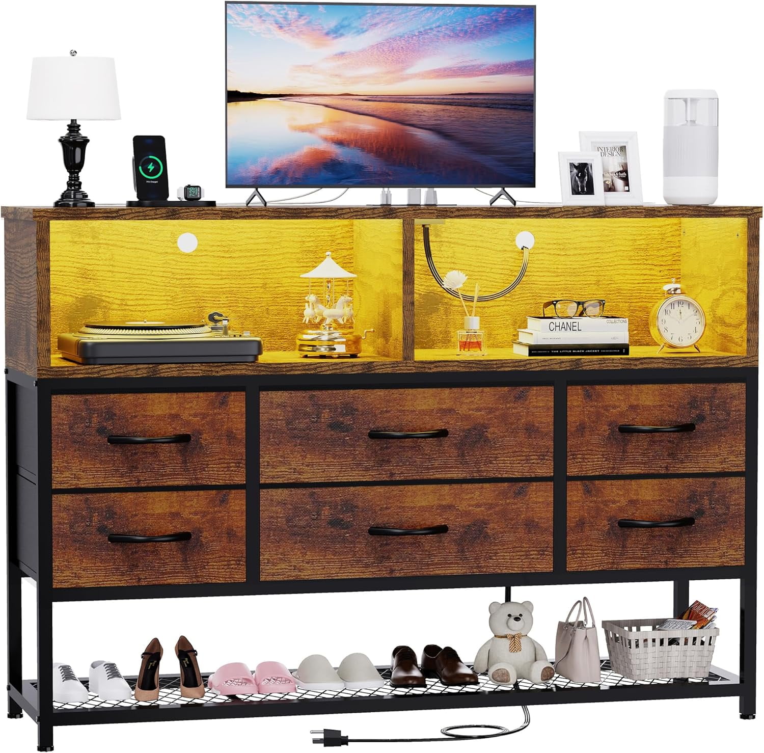 Dresser for Bedroom, 6 Drawers Led Dresser TV Stand with Power Outlets ...