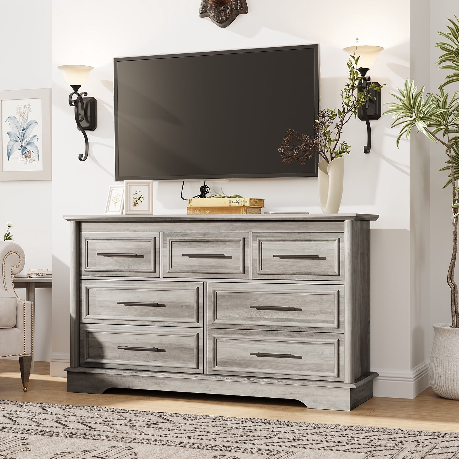Dresser for Bedroom with 7 Drawers, 54" Wide Wood Chest of Drawers with ...