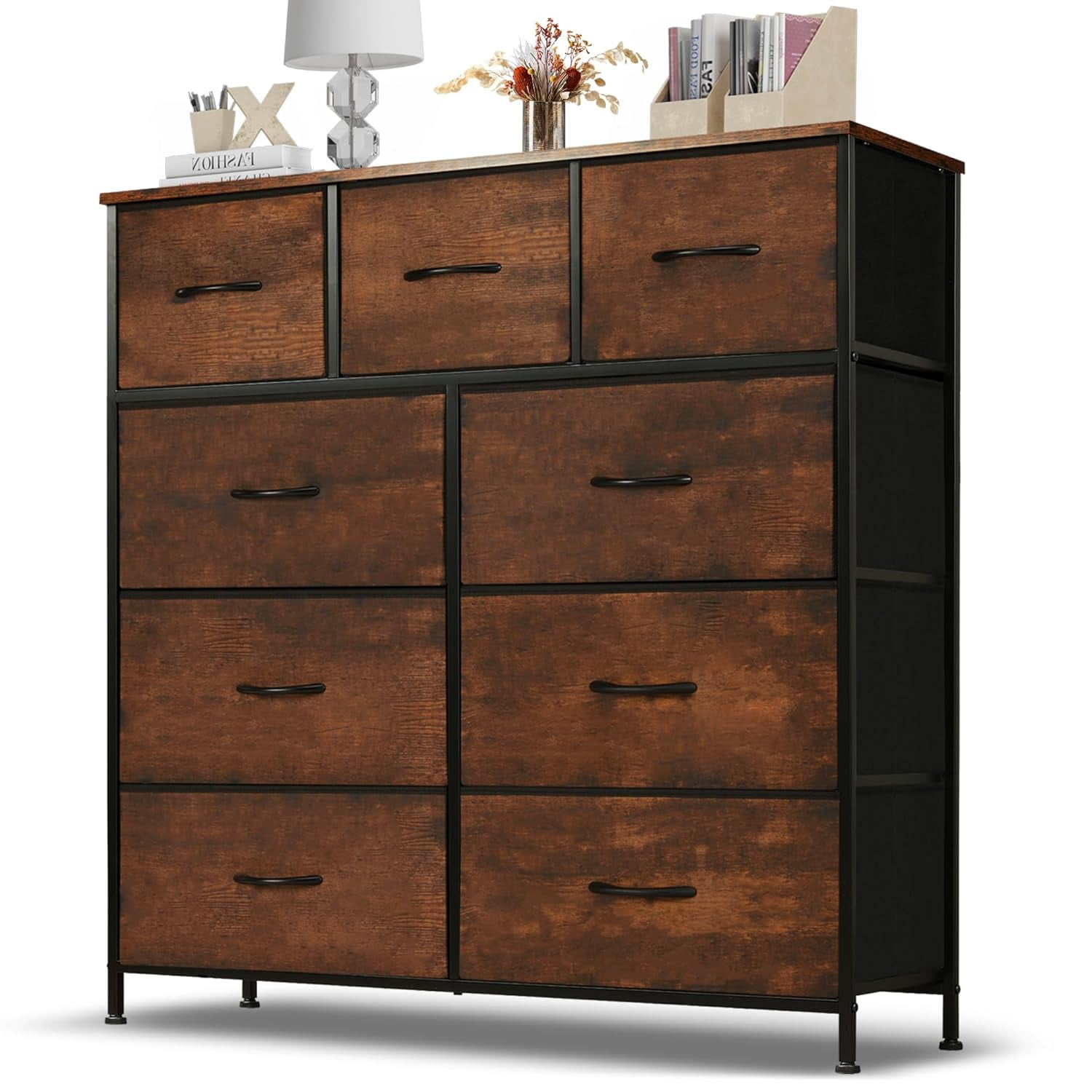 Dresser for Bedroom with 9 Drawers, Anti-Tip Tall Fabric Chests Storage ...