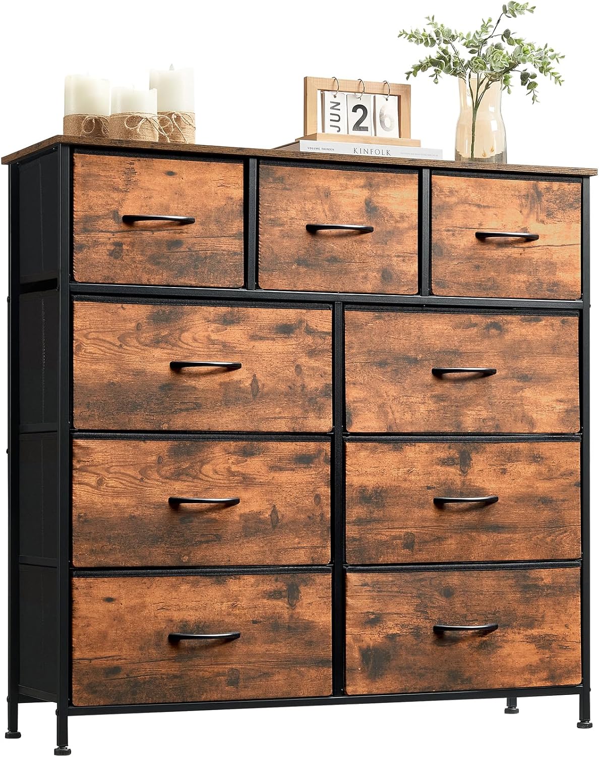 Dresser for Bedroom with 9 Drawers, Wide Storage Organizer Chest of Drawers with Fabric Bins for ...