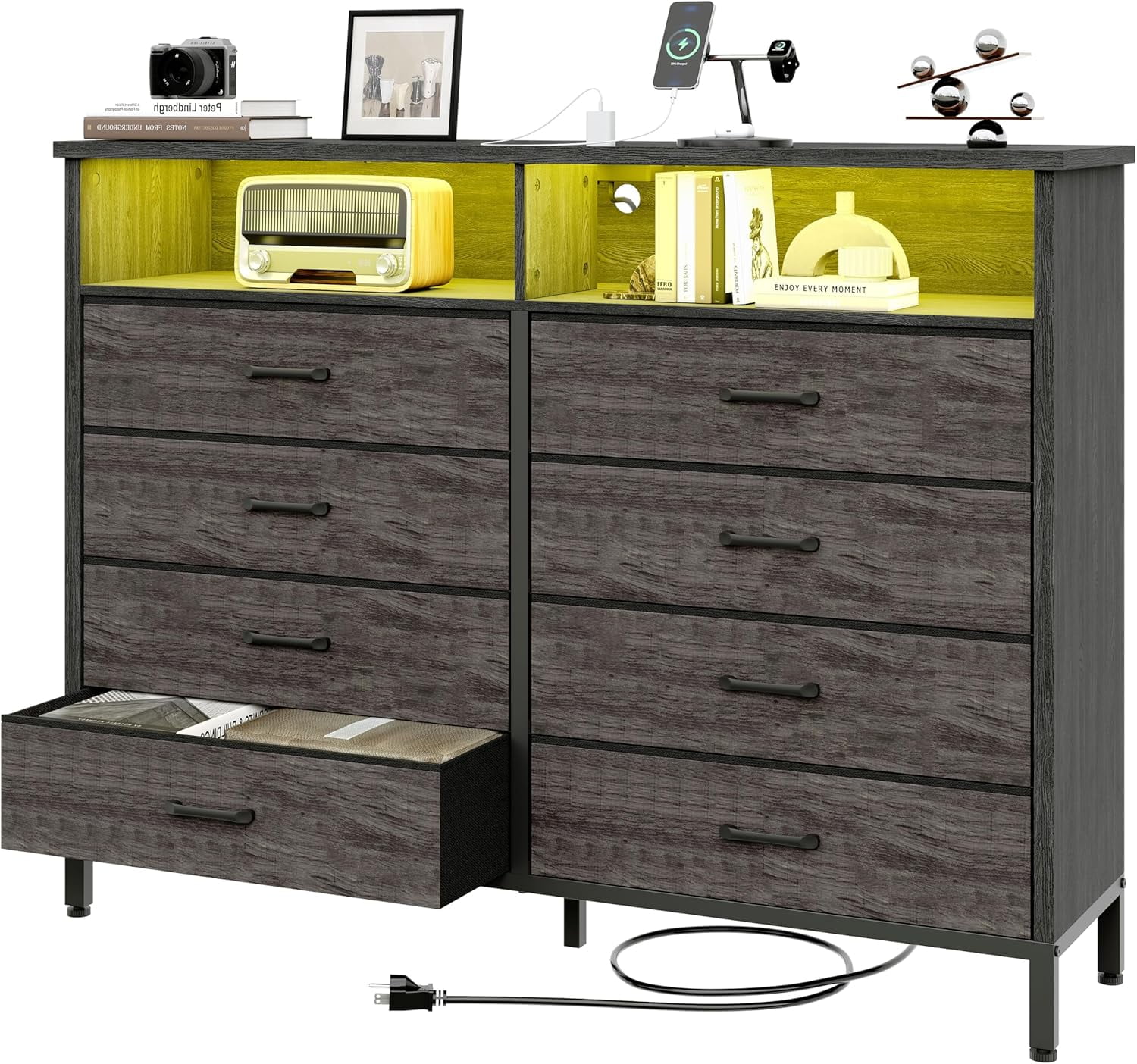 Dresser for Bedroom Black Bedroom Dresser with LED Lights and Charging ...