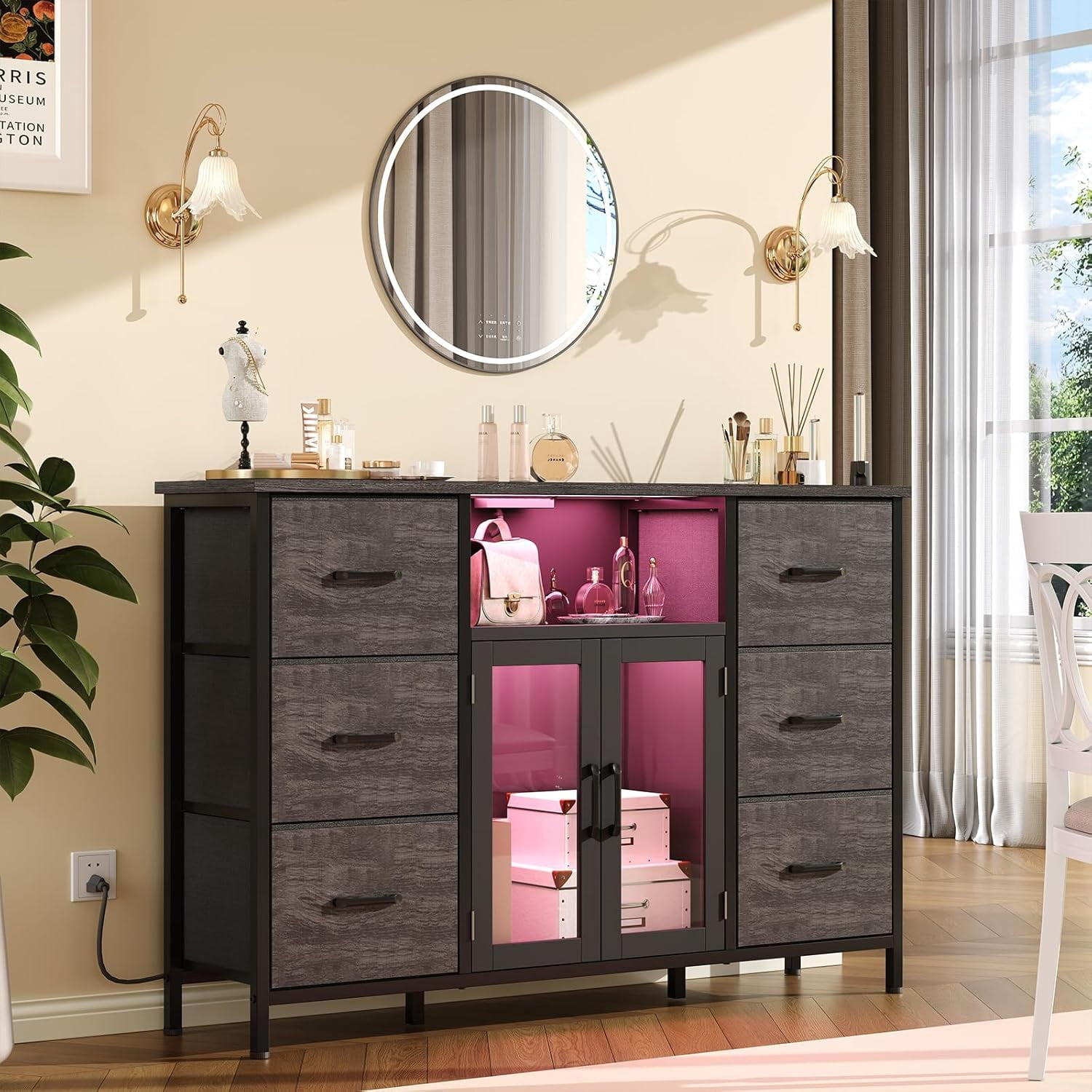 Dresser for Bedroom with Charging Station & LED Light, White 6 Drawer ...