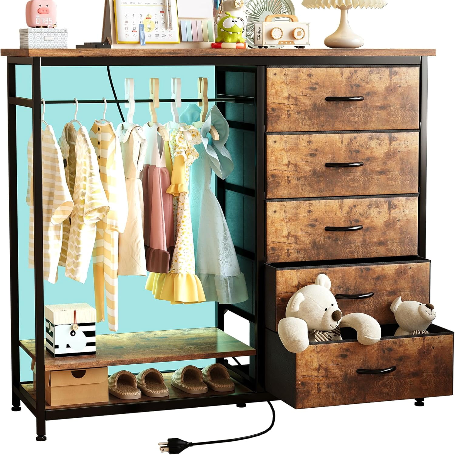 Dresser for Bedroom with Clothes Rack, 5 Drawers Dresser with Charging ...