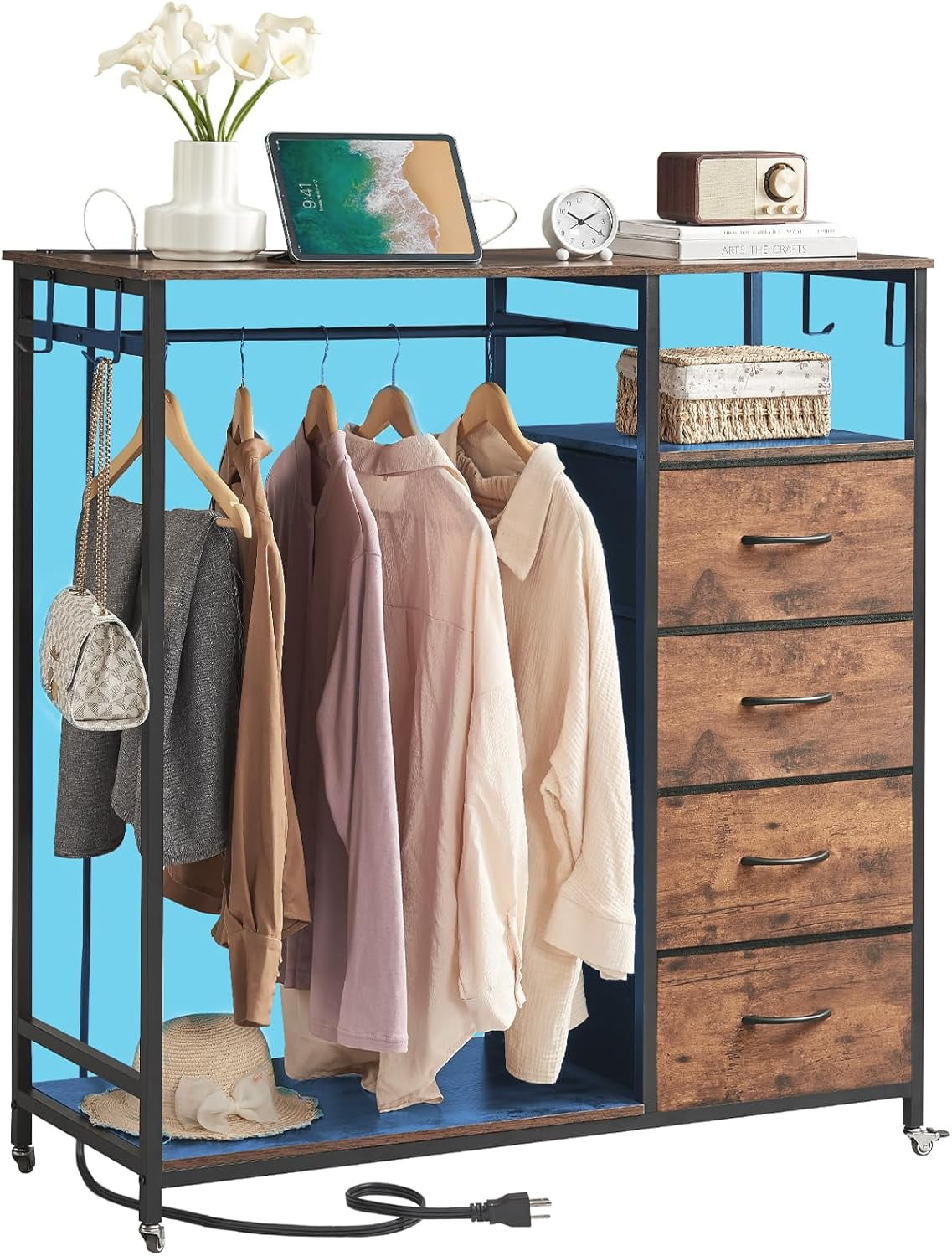 Dresser for Bedroom with Hanging Rack LED Light and Charging Station, 4 ...