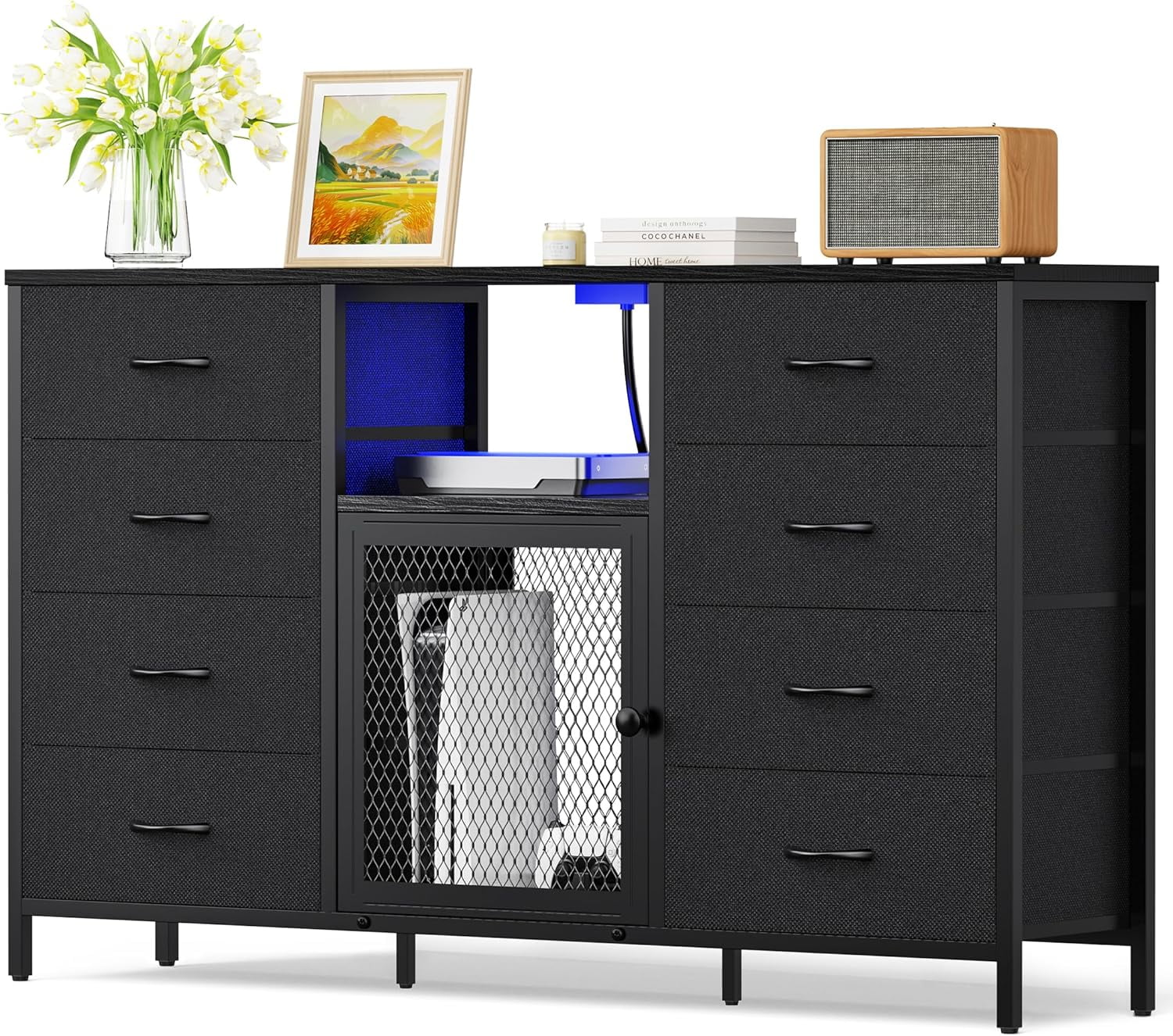 Dresser for Bedroom with LED Lights and Power Outlets, 8 Drawers TV ...