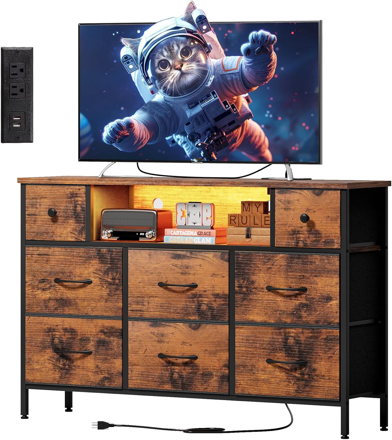 Dresser for Bedroom with Power Outlets and LED Lights, Rustic Brown 55 ...