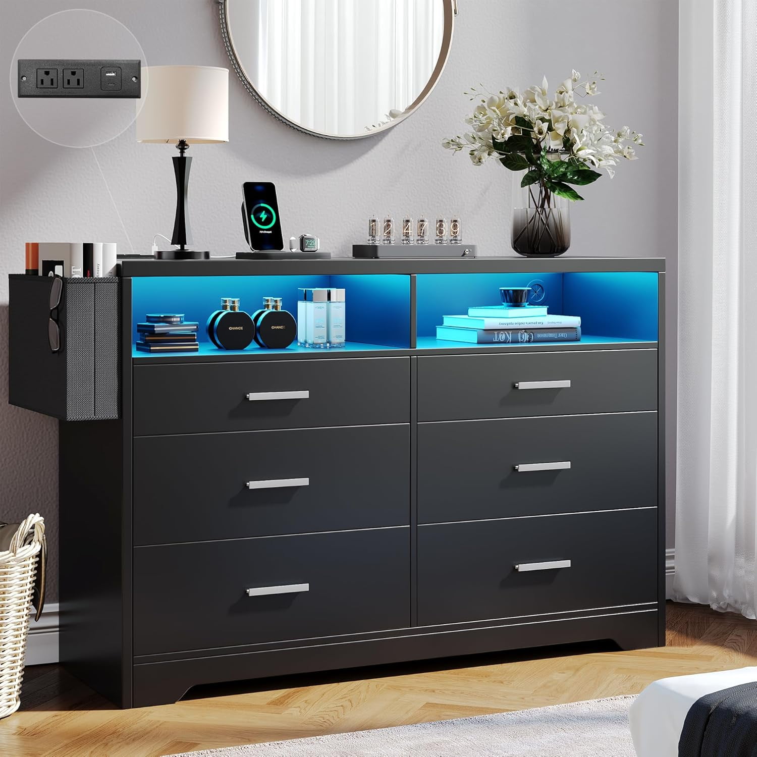Dresser for Bedroom White 6 Drawer Dresser with Charging Station and ...