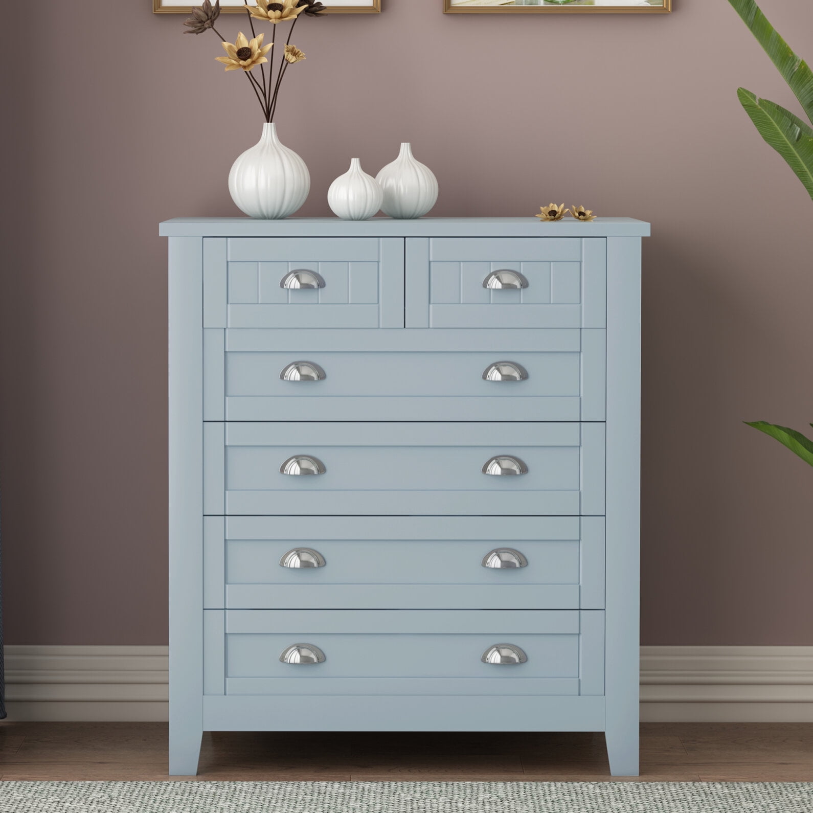 Dresser Cabinet with 6 Drawers, Modern Storage Side Cabinet with Solid ...