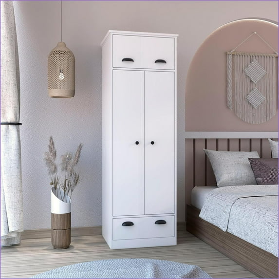 Dresser-Closet with Upper Storage, Shelves, Hanging Rod, Drawer | White ...