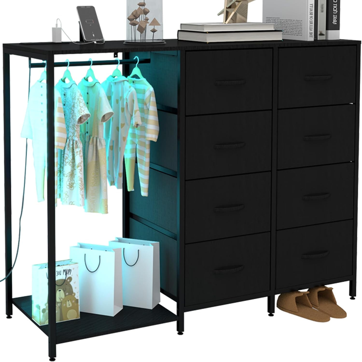 Dresser with Clothes Rail Dresser with Hanging Rack Led Lights and ...