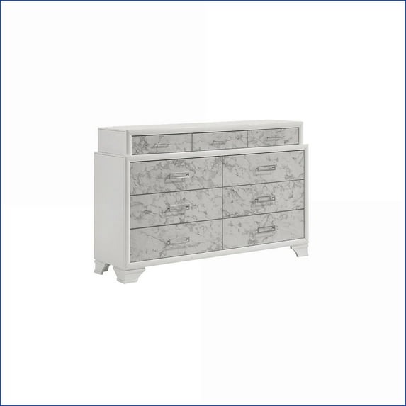 Dresser, Contemporary White Manufactured Wood with 9 Marble-Pattern ...