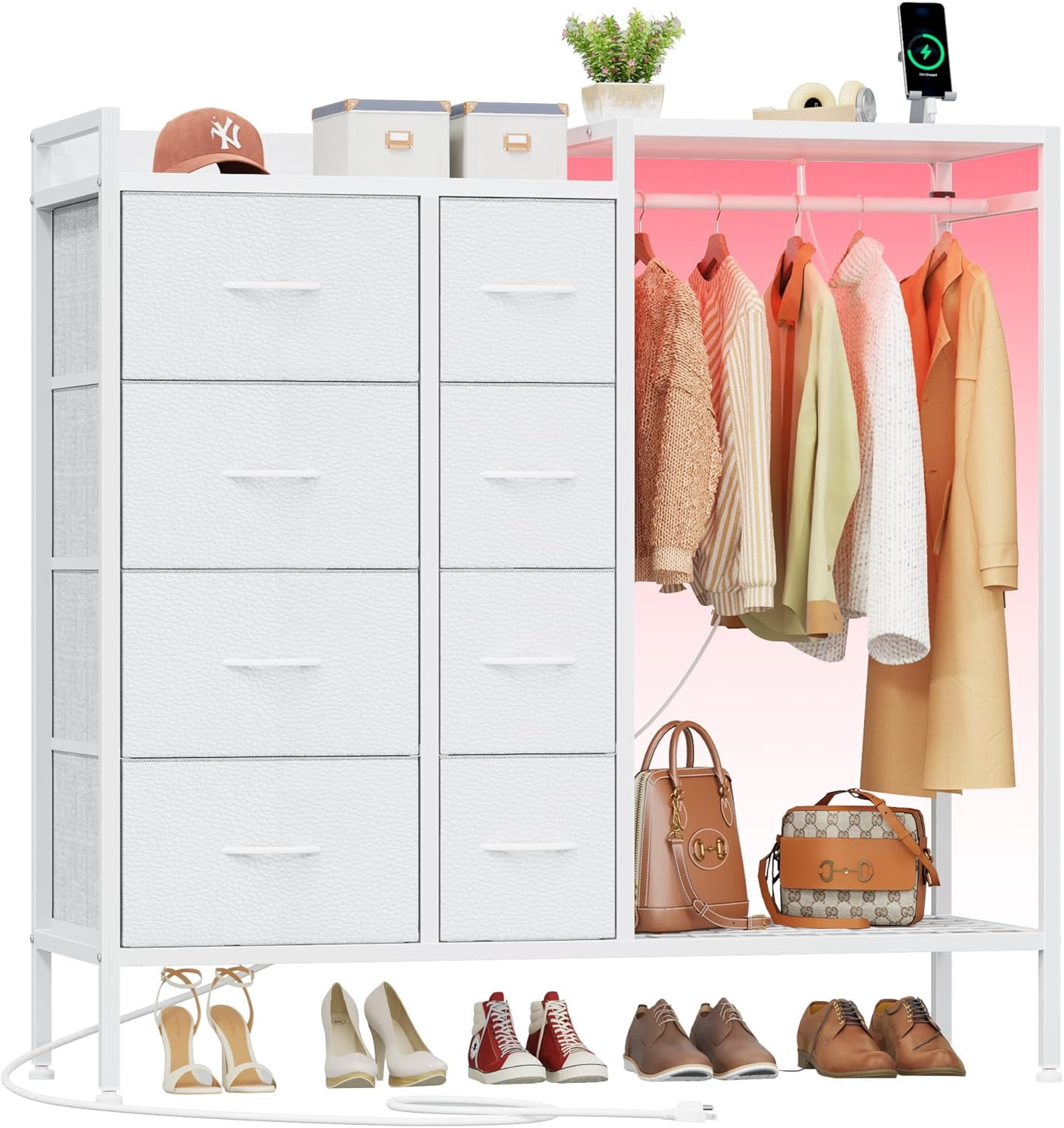 Dresser with Hanging Rack, 8-Drawer Dresser for Bedroom with Charging ...
