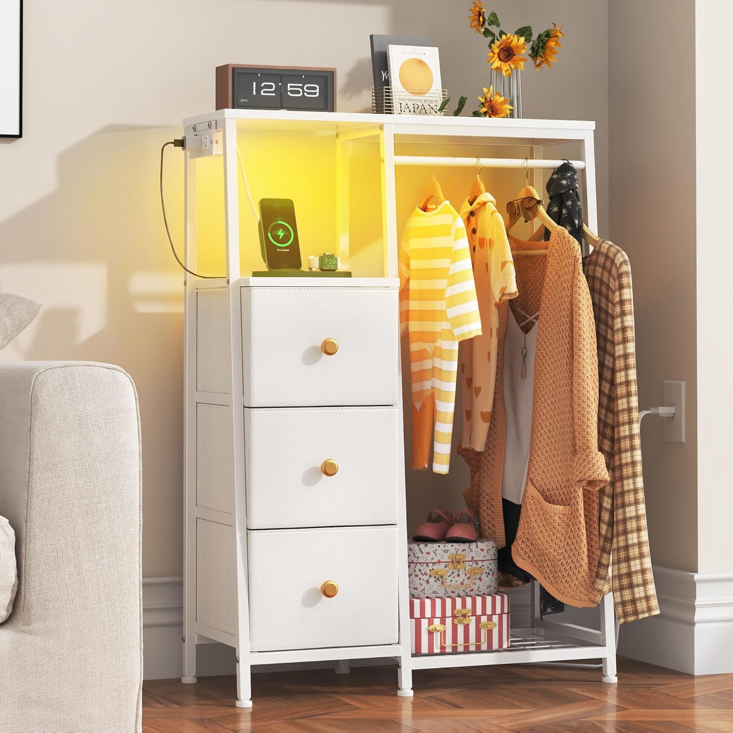 Dresser with Hanging Rack, Kids Dresser with Charging Station & LED ...