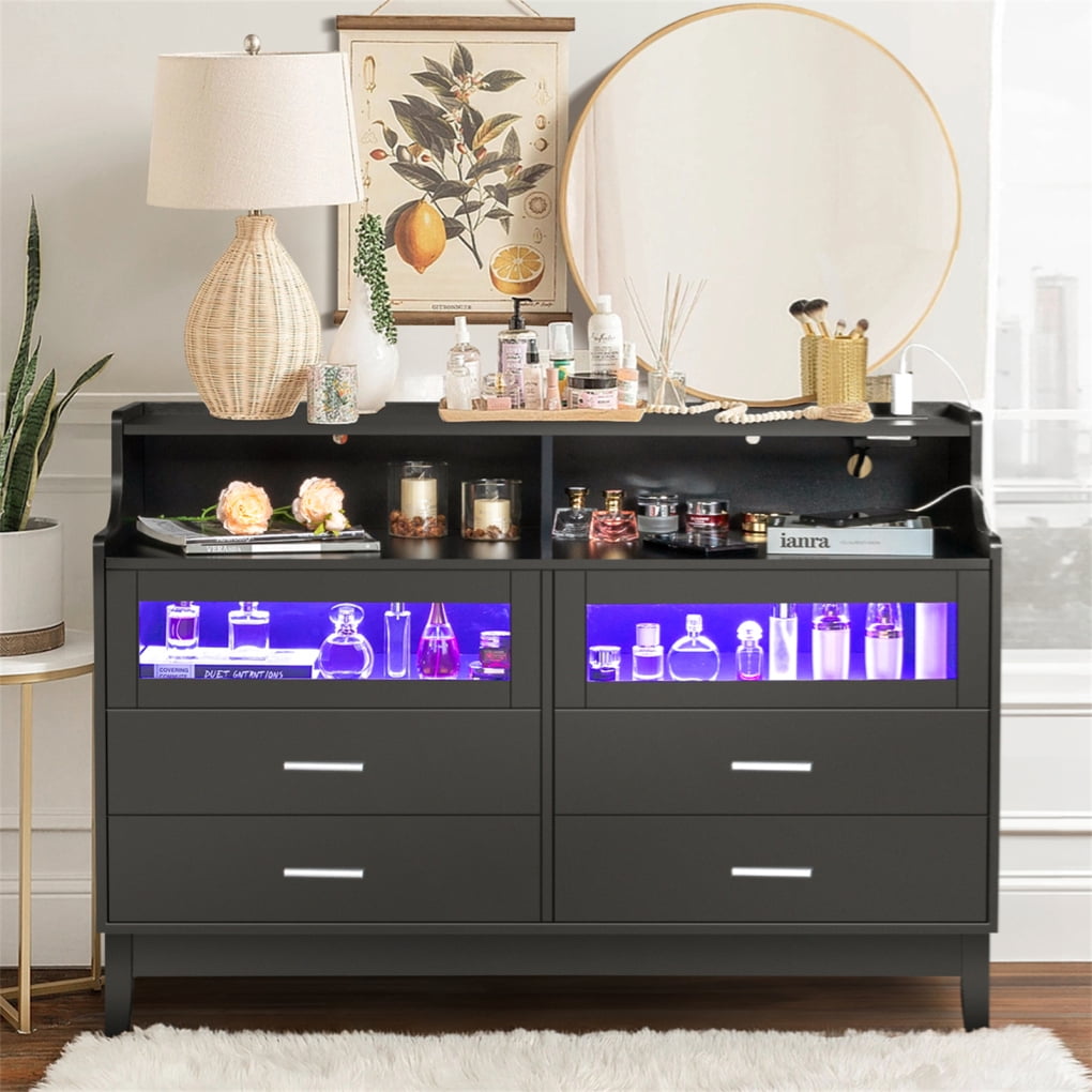Dresser with LED Light Strips and Charging Station, Wood Tempered Glass ...
