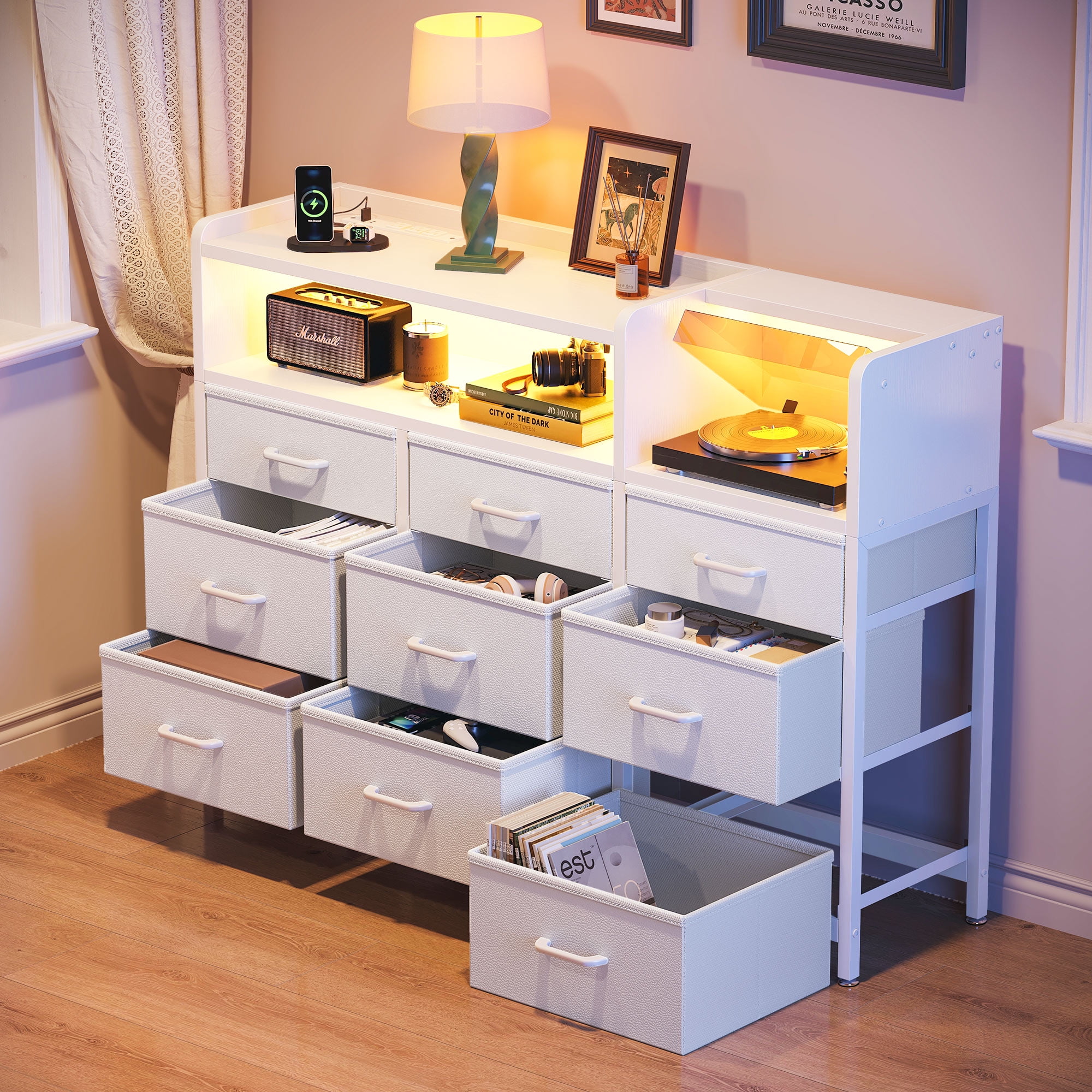 Dresser with LED Lights and Charging Station, 52-Inch Long Dresser for ...